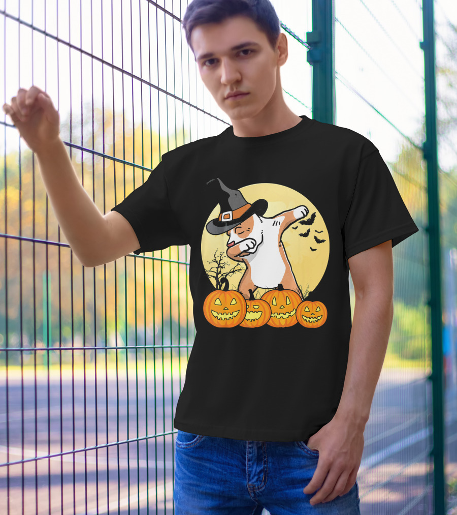 Dabbing Pit Bull Halloween Witch Hat Pumpkins Bats Dance Funny Dog T-Shirt