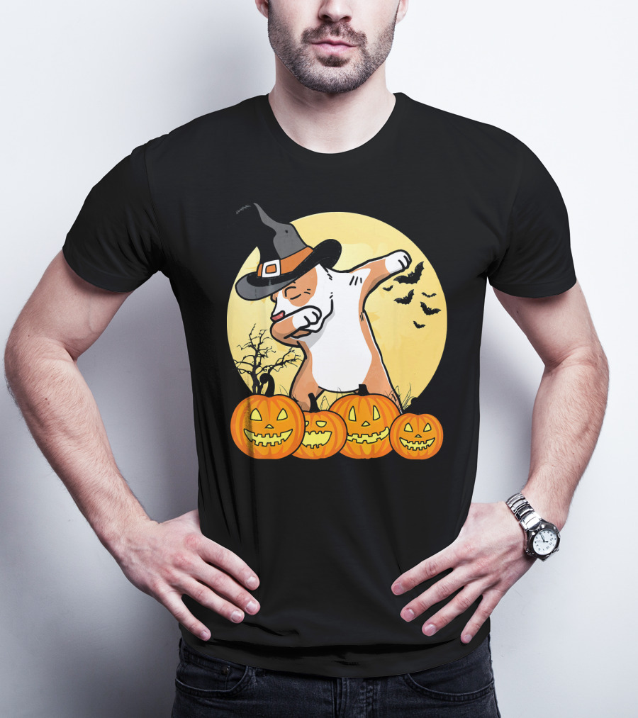 Dabbing Pit Bull Halloween Witch Hat Pumpkins Bats Dance Funny Dog T-Shirt