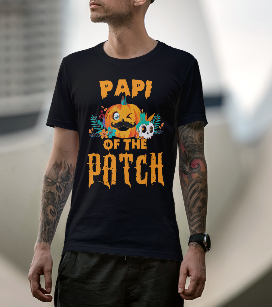 Papi Of The Patch Pumpkin Winking Mustache Skull Flowers T-Shirt