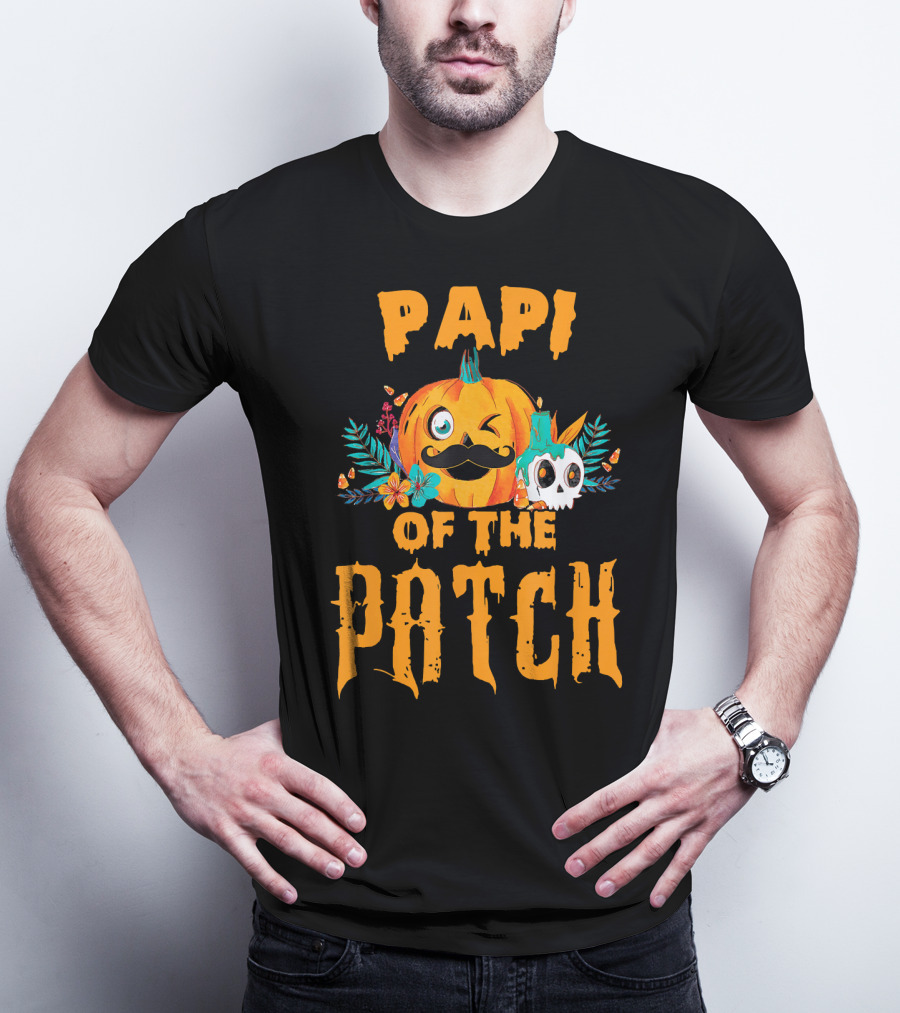Papi Of The Patch Pumpkin Winking Mustache Skull Flowers T-Shirt