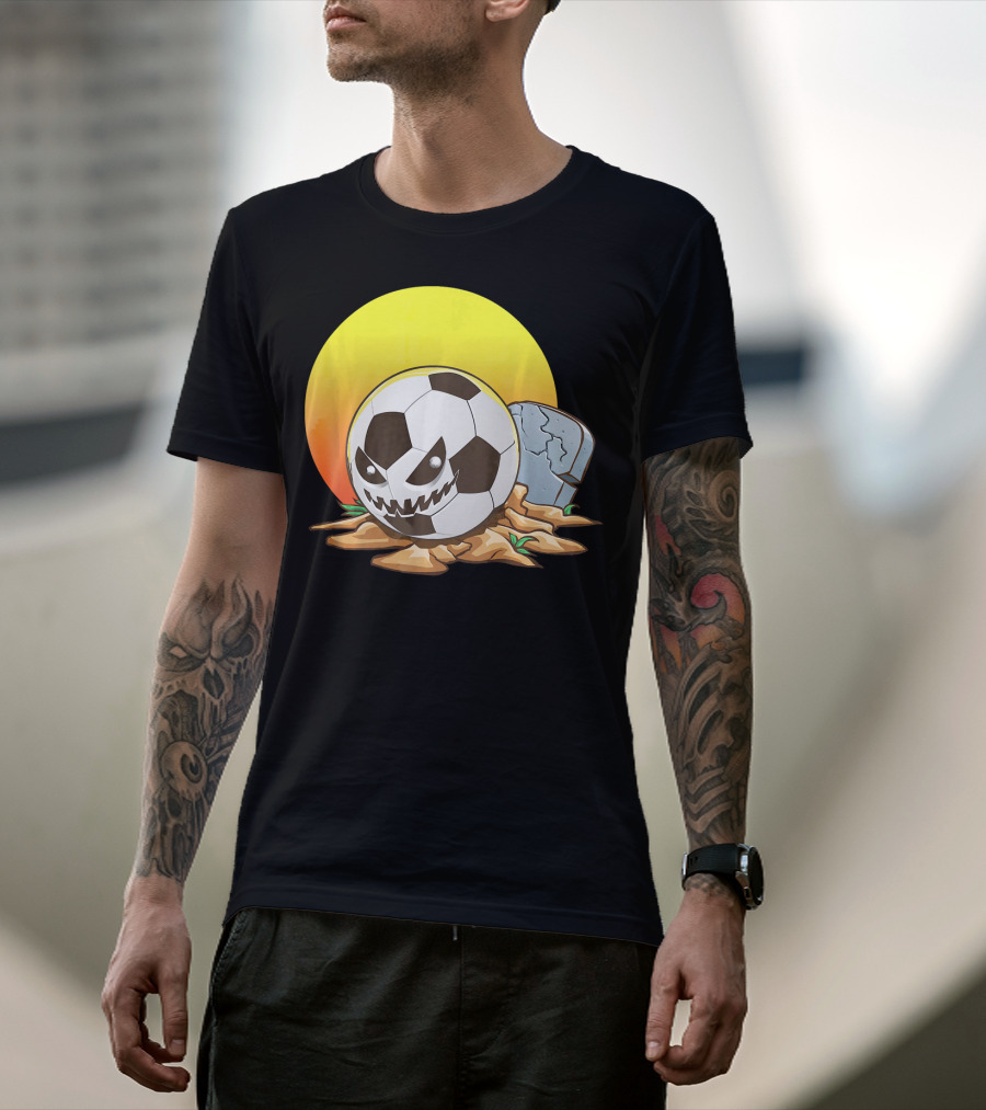 Soccer Halloween Goal With Spooky Jack-O'-Lantern Face And Graveyard Scene T-Shirt