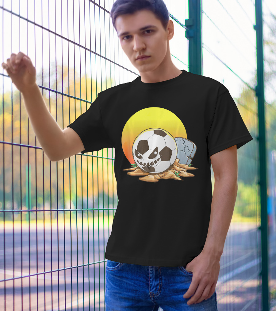 Soccer Halloween Goal With Spooky Jack-O'-Lantern Face And Graveyard Scene T-Shirt