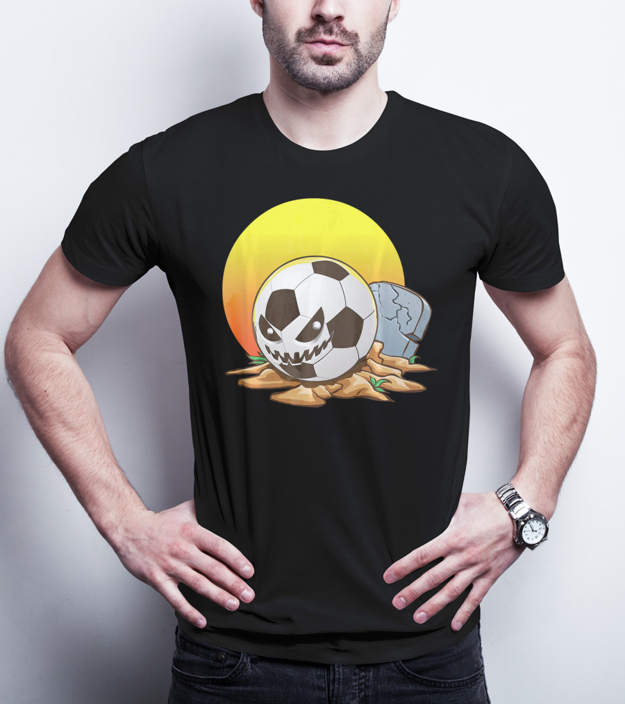 Soccer Halloween Goal With Spooky Jack-O'-Lantern Face And Graveyard Scene T-Shirt