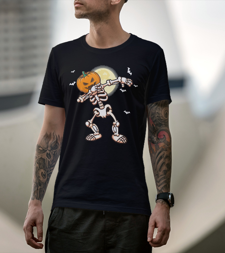 Skeleton Dabbing With Pumpkin Head And Bats T-Shirt