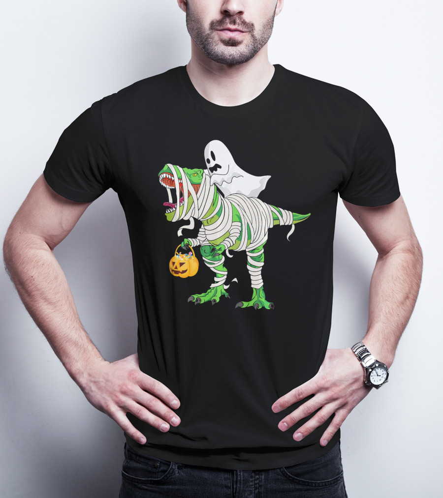 Ghost Mummy Riding T-Rex Trick Or Treat T-Shirt