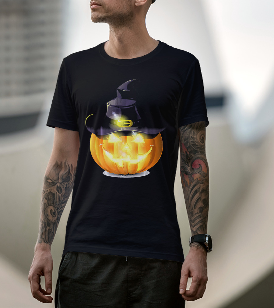 Halloween Horror Pumpkin Witch Hat Glowing Face T-Shirt