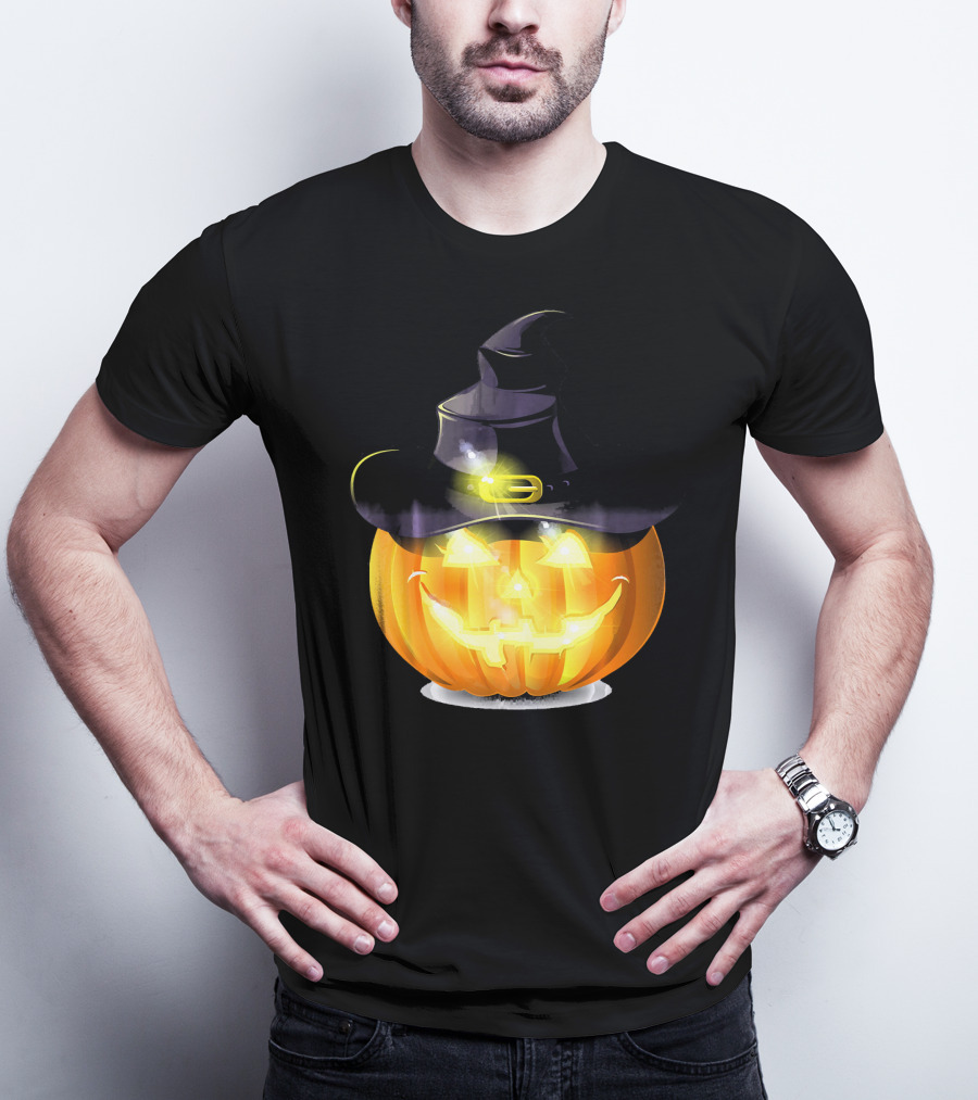 Halloween Horror Pumpkin Witch Hat Glowing Face T-Shirt