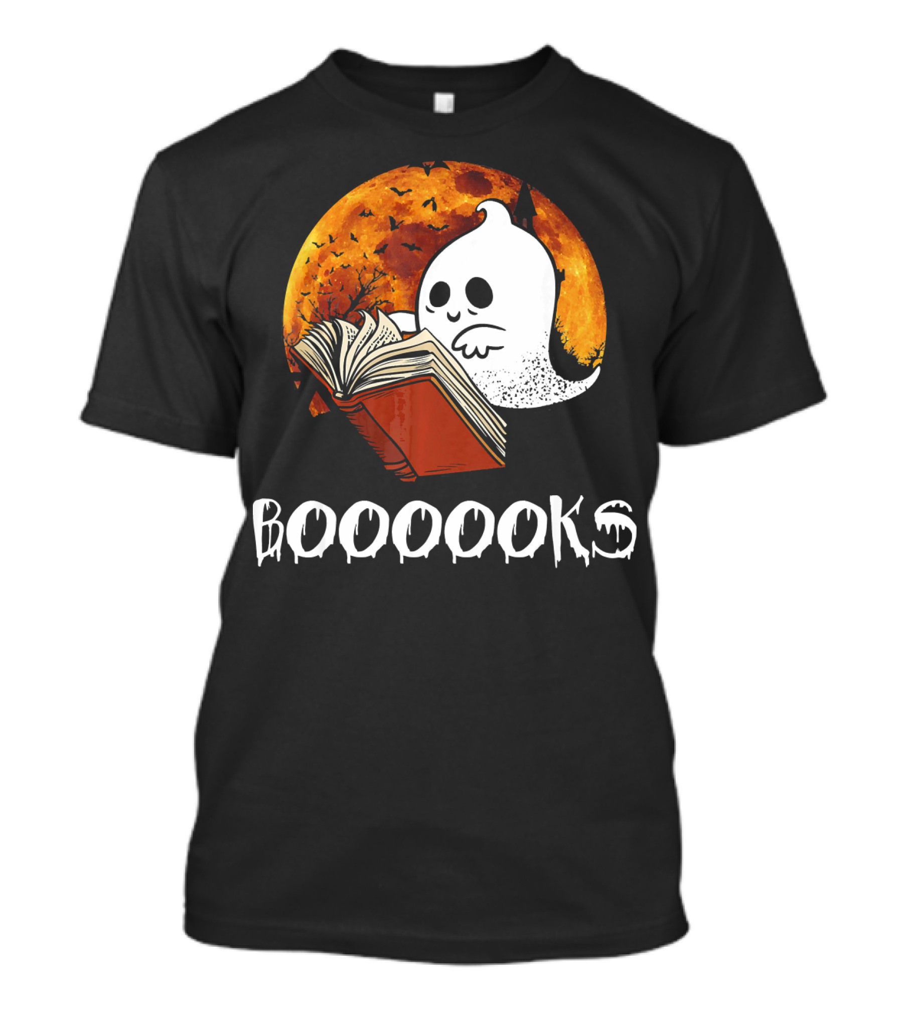 Booooooks Boo Reading Books Hall Ghost With Open Book And Moon Bats T-Shirt