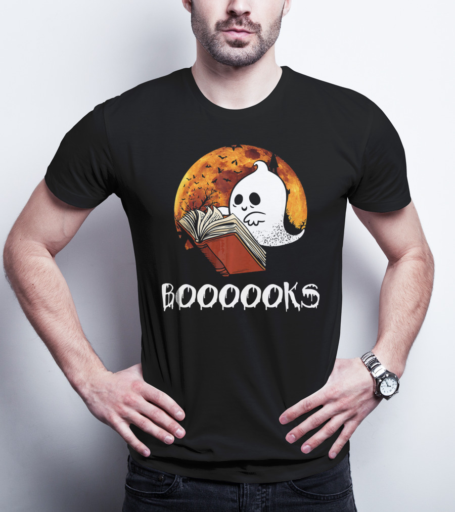 Booooooks Boo Reading Books Hall Ghost With Open Book And Moon Bats T-Shirt