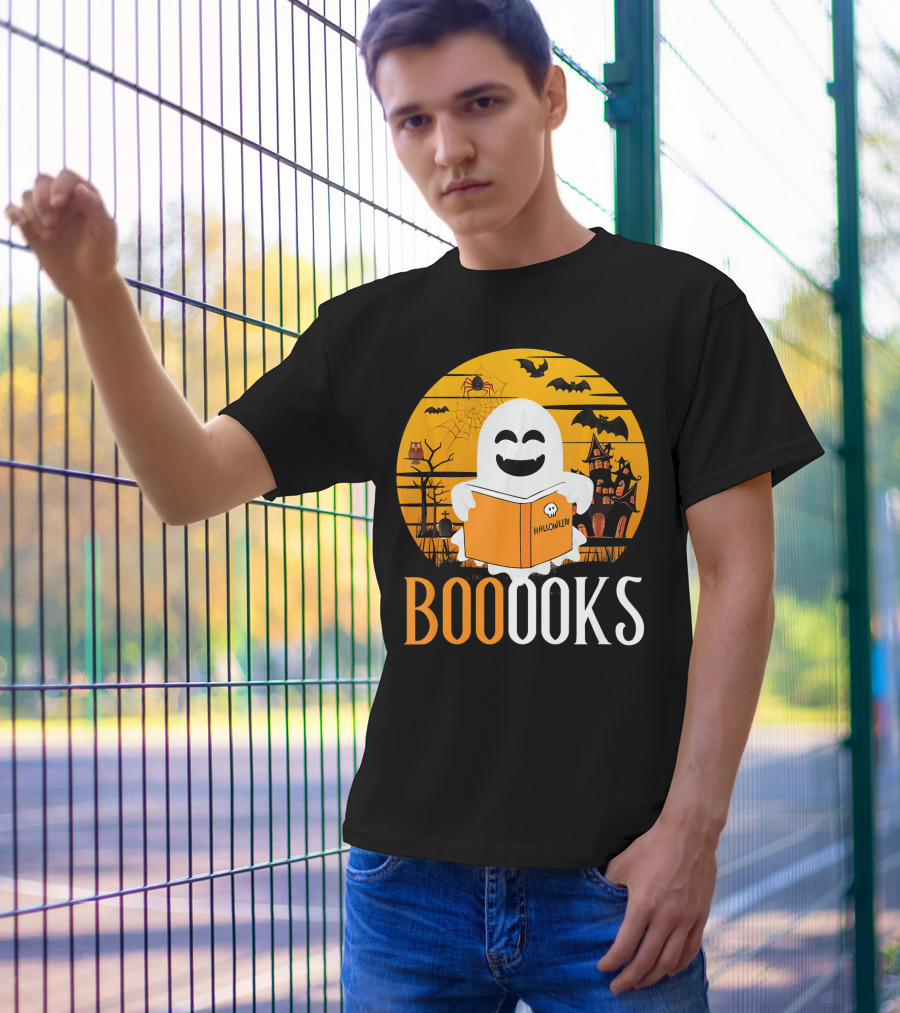 Halloween Ghost Reading Booooks In Spooky Setting With Funny Teacher T-Shirt