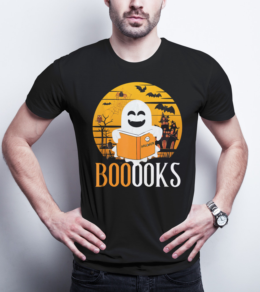 Halloween Ghost Reading Booooks In Spooky Setting With Funny Teacher T-Shirt