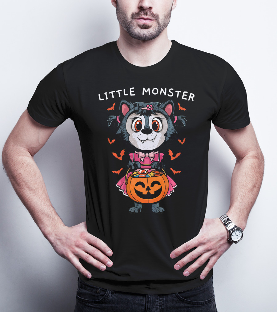 Little Monster Halloween Werewolf With Pumpkin Candy T-Shirt