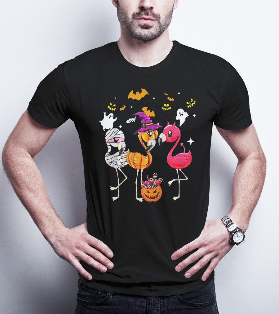 Flamingo Halloween Candy Witch Ghost Bats Pumpkin T-Shirt