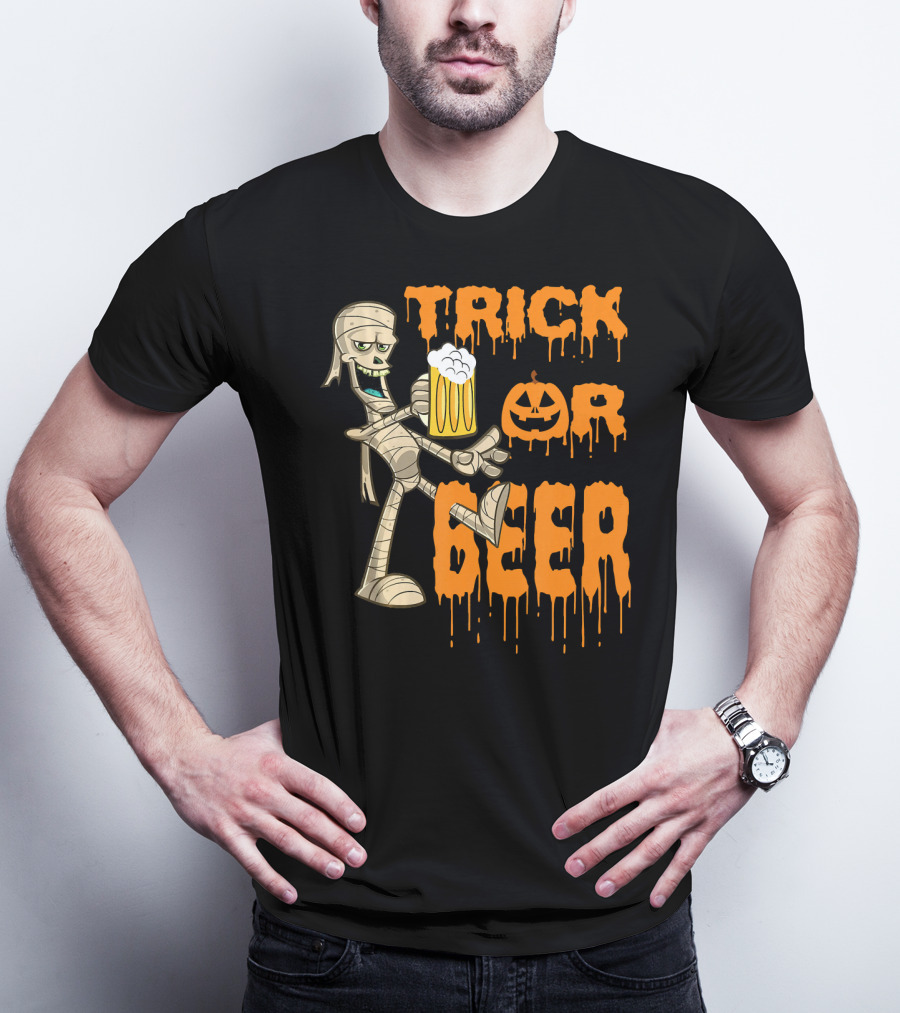 Trick Or Beer Mummy With Pumpkin And Mug T-Shirt