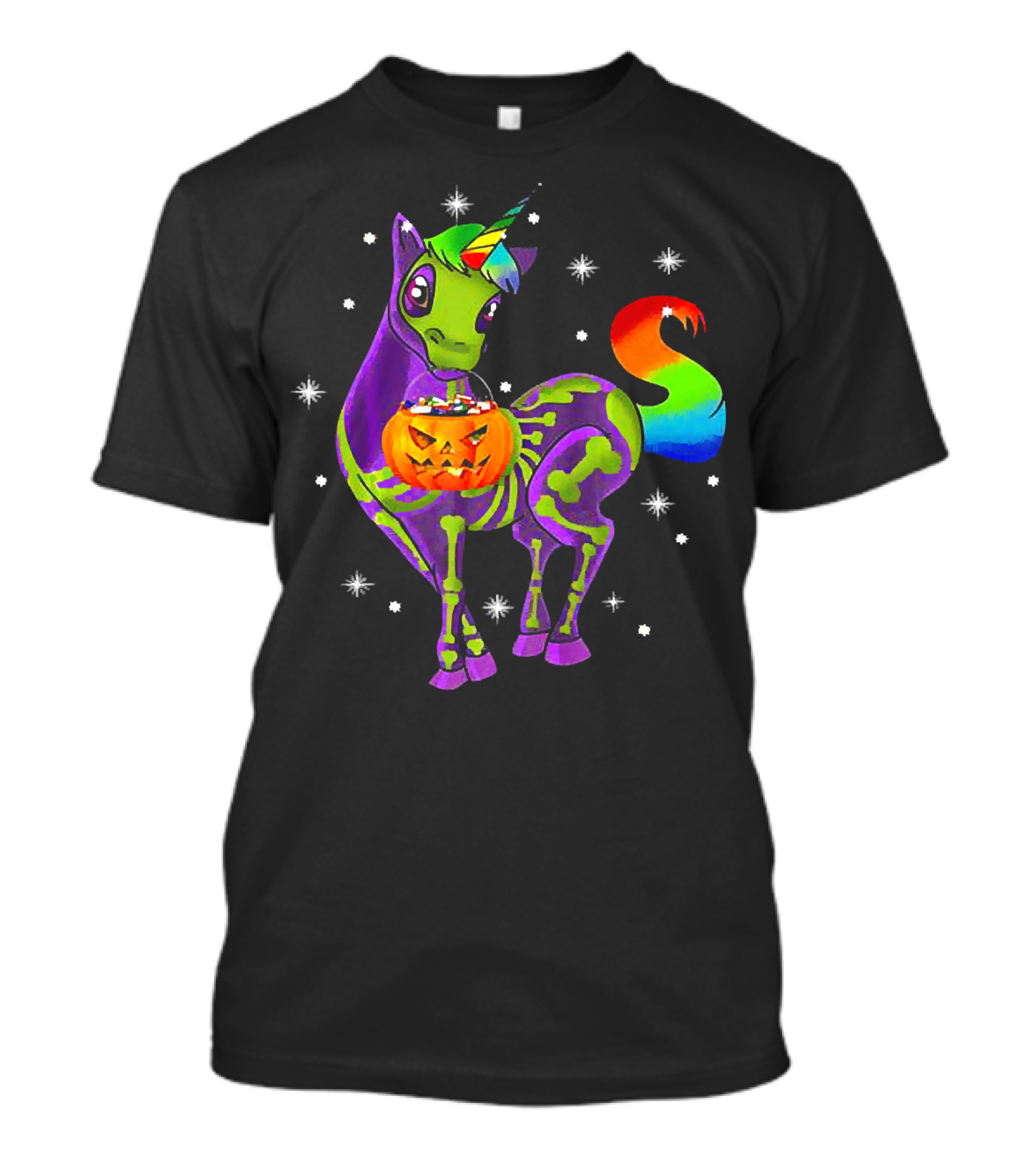 Unicorn Skeleton Pumpkin Rainbow Halloween Magic T-Shirt