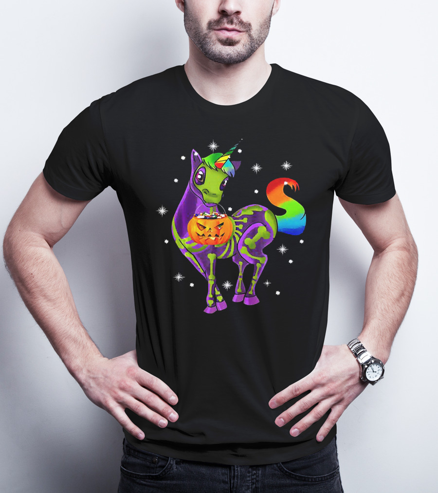 Unicorn Skeleton Pumpkin Rainbow Halloween Magic T-Shirt