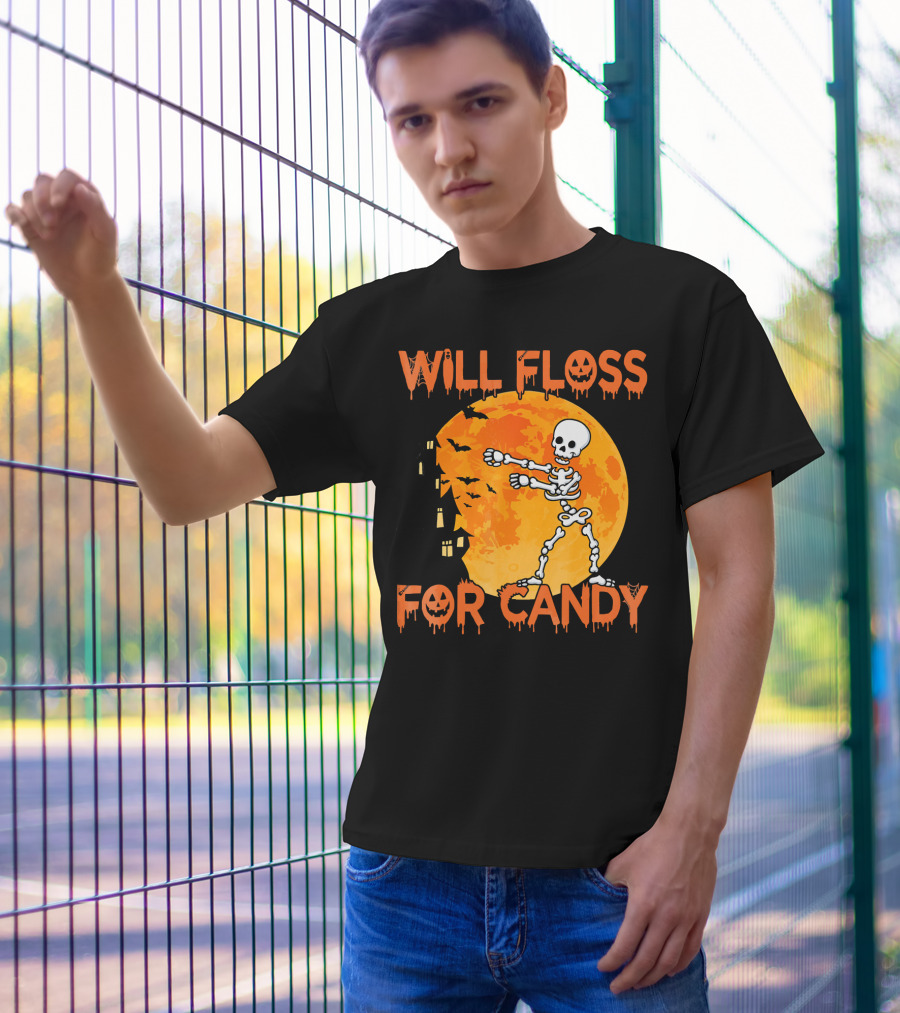 Will Floss For Candy Dancing Skeleton Halloween Moon Bats T-Shirt