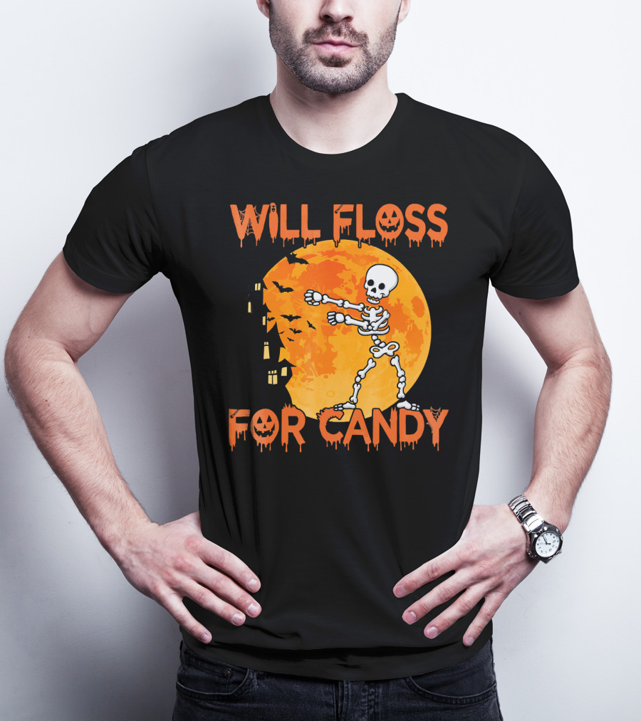 Will Floss For Candy Dancing Skeleton Halloween Moon Bats T-Shirt