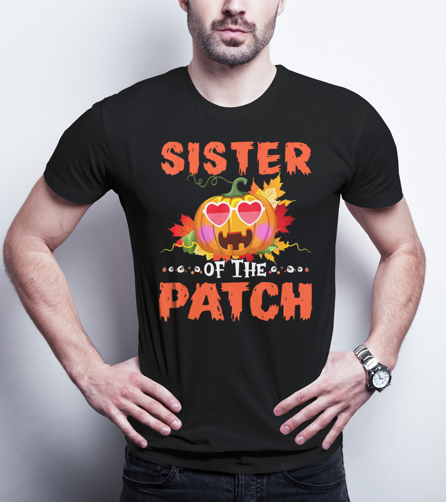 Sister Of The Patch Pumpkin Halloween Co Hearts Leaves Skulls T-Shirt