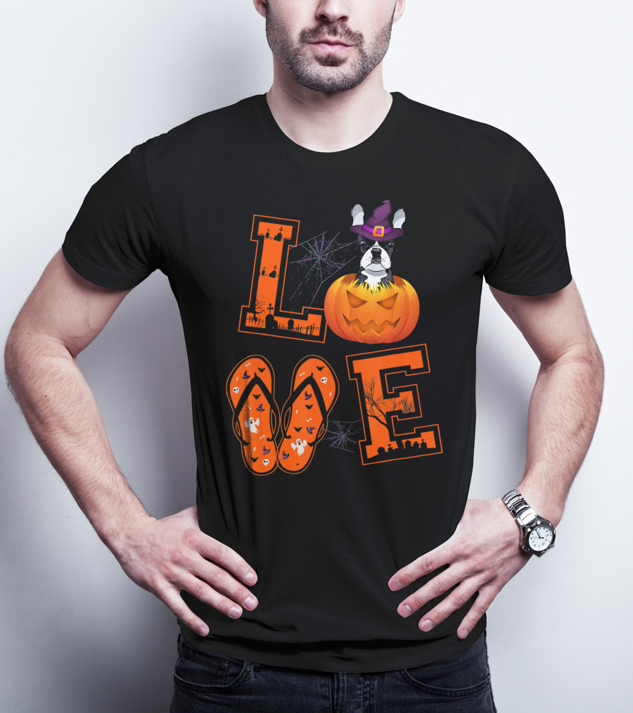 LOVE French Bulldog Pumpkin Halloween Ghosts Spider Webs T-Shirt