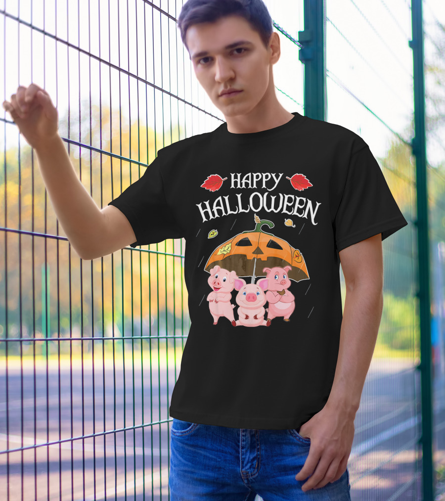 Happy Halloween Pigs Under Jack-o'-Lantern Umbrella T-Shirt
