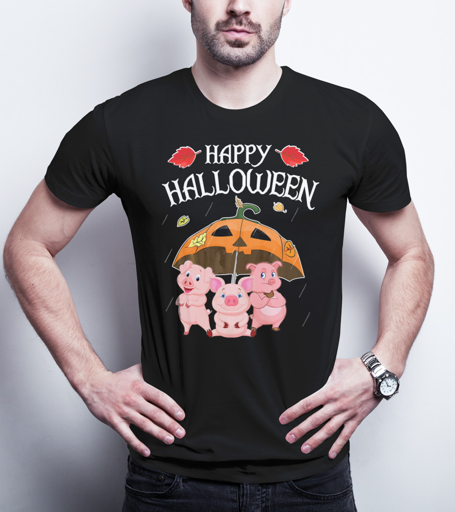Happy Halloween Pigs Under Jack-o'-Lantern Umbrella T-Shirt