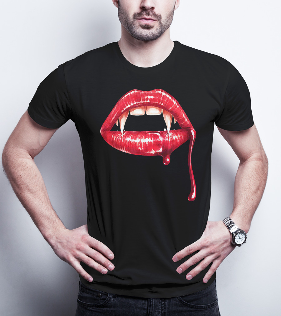 Awesome Vampire Fangs Lips With Blood Dripping Dracula T-Shirt