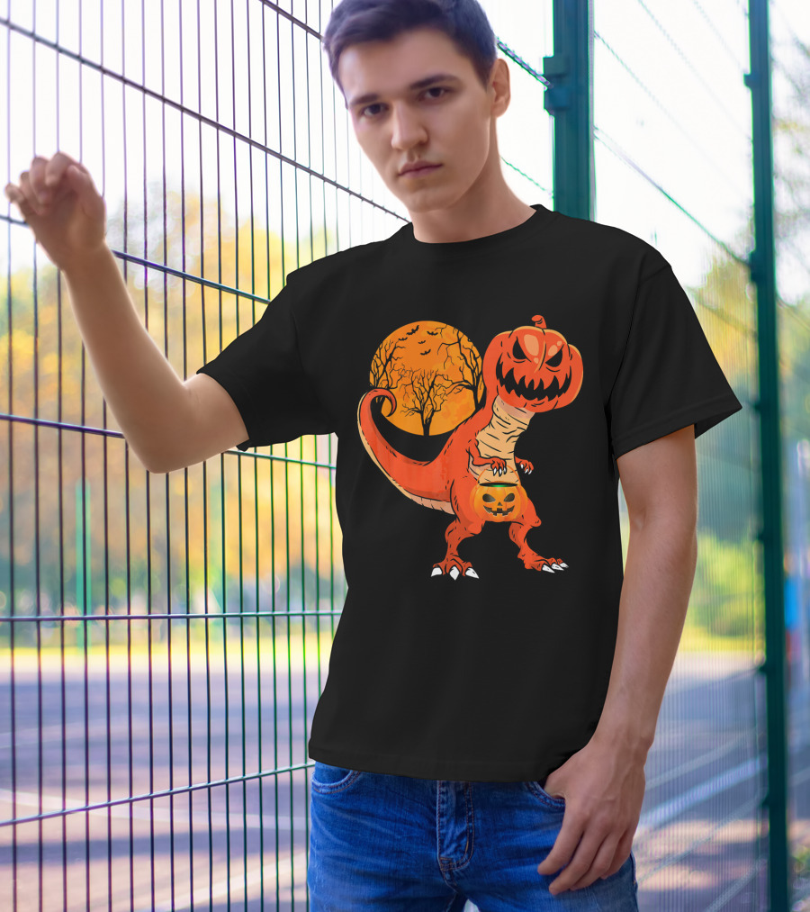 Funny Halloween Dinosaur Pumpkin Head Tree Shadow T-Shirt
