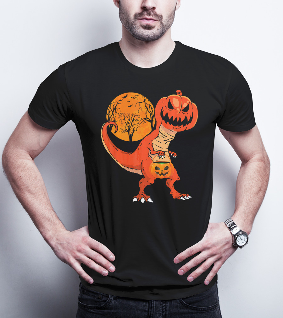 Funny Halloween Dinosaur Pumpkin Head Tree Shadow T-Shirt