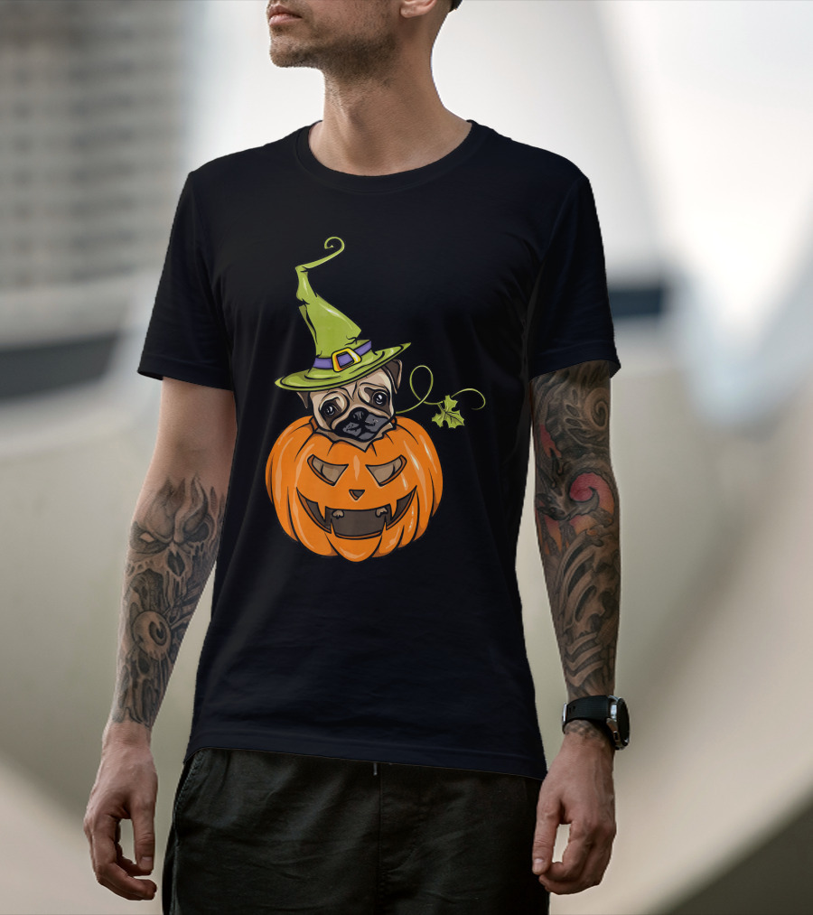 Pumpkin Pug Witch Halloween Costume Women T-Shirt