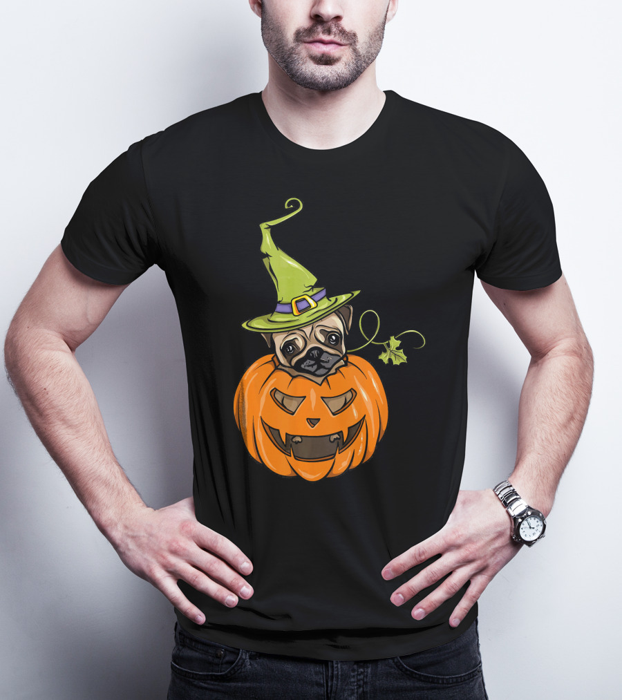 Pumpkin Pug Witch Halloween Costume Women T-Shirt
