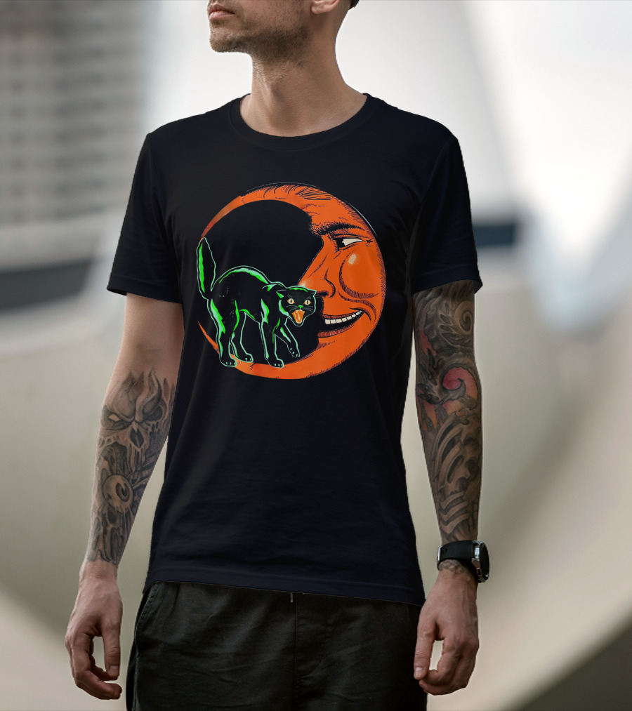 Vintage Halloween Beistle Cat On Crescent Moon T-Shirt