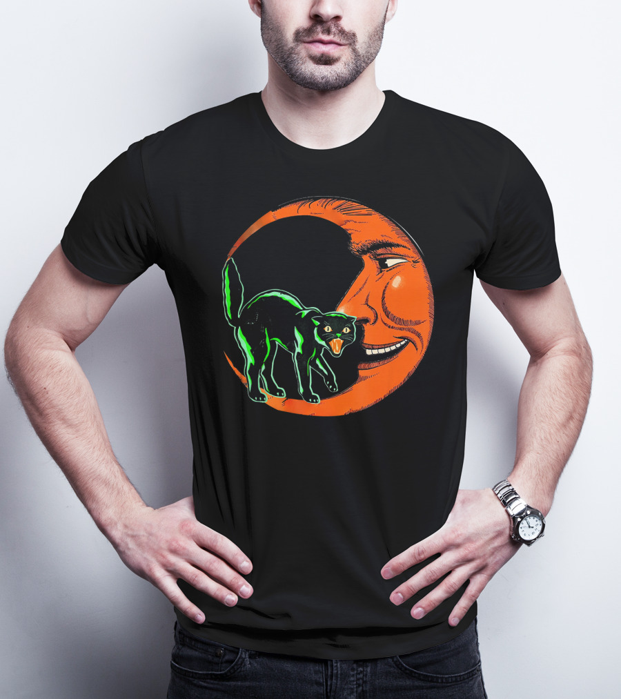 Vintage Halloween Beistle Cat On Crescent Moon T-Shirt