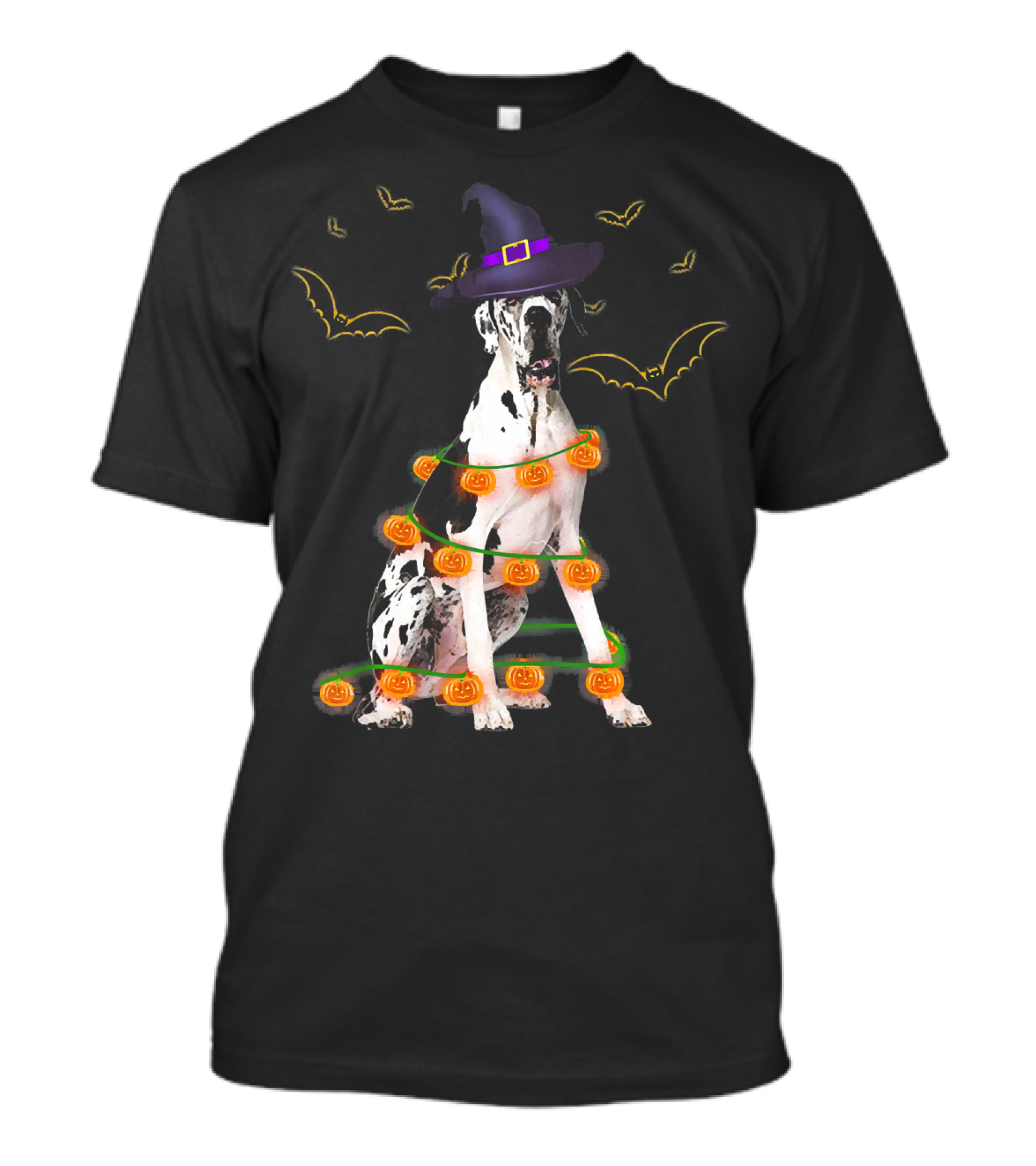 Halloween Great Dane Dog With Witch Hat And Pumpkin Lights Surrounded By Bats T-Shirt