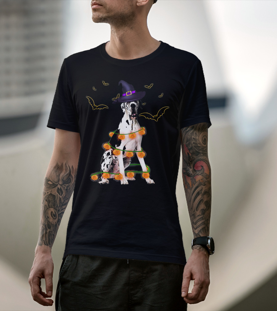 Halloween Great Dane Dog With Witch Hat And Pumpkin Lights Surrounded By Bats T-Shirt