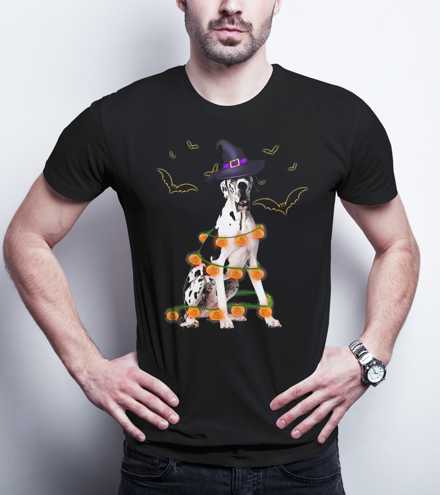 Halloween Great Dane Dog With Witch Hat And Pumpkin Lights Surrounded By Bats T-Shirt