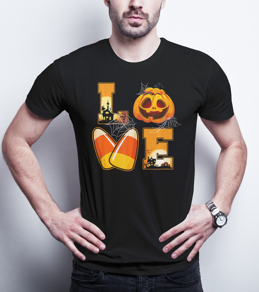 Love Candy Corn Pumpkin Halloween Spiderwebs T-Shirt