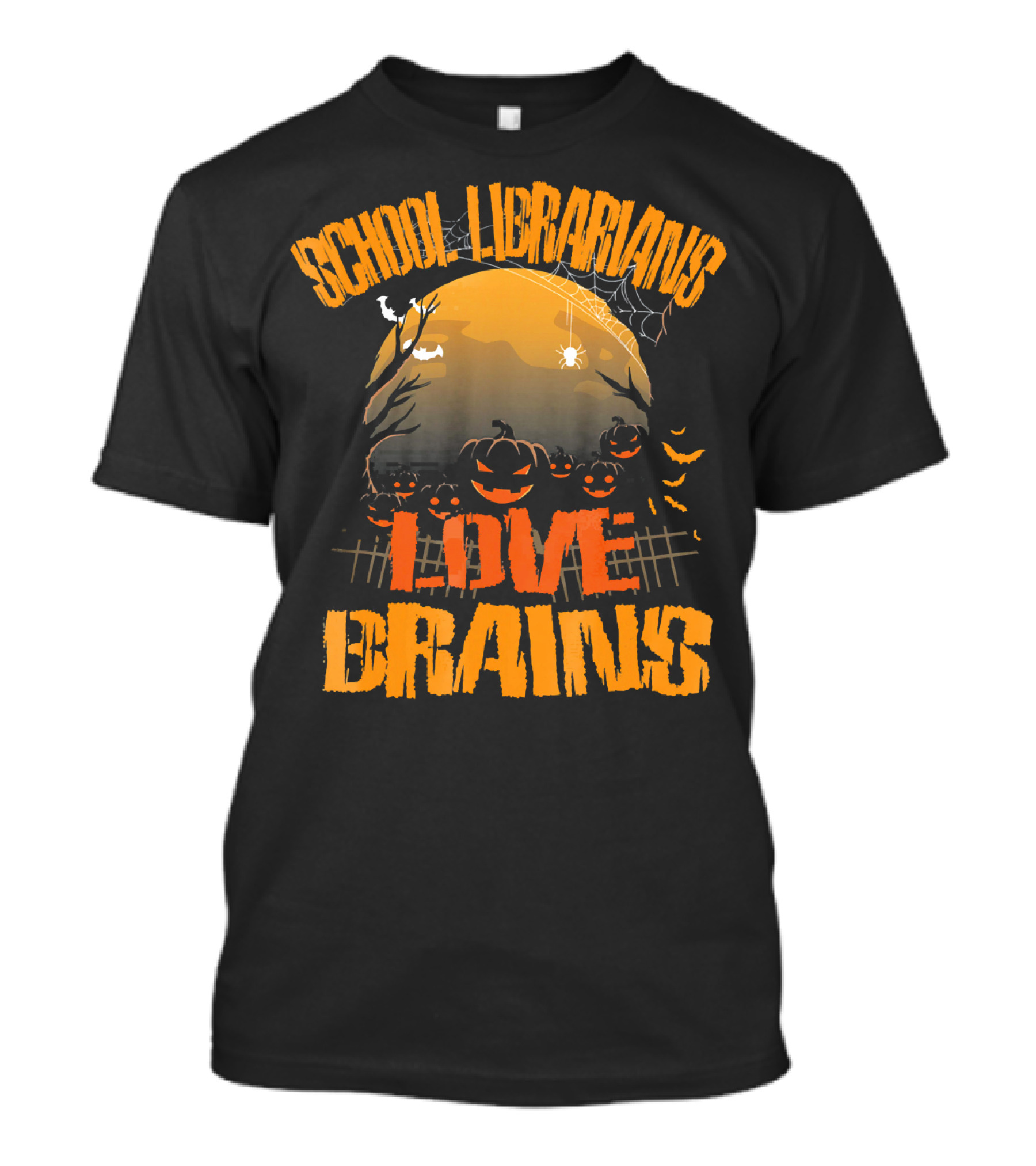 School Librarians Love Brains Halloween Pumpkins Spider Web Moon T-Shirt