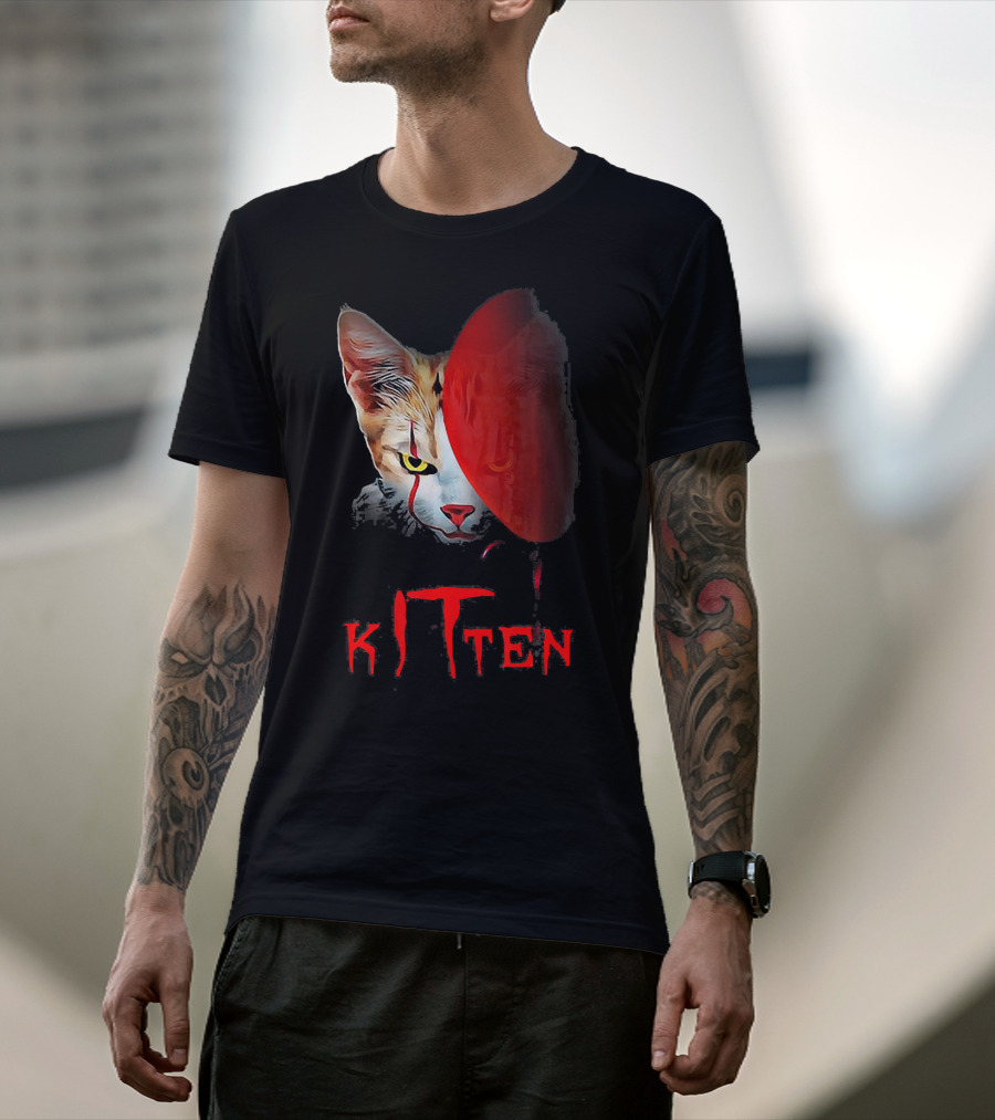 Kitten Cat Halloween Clown Red Balloon Horror T-Shirt