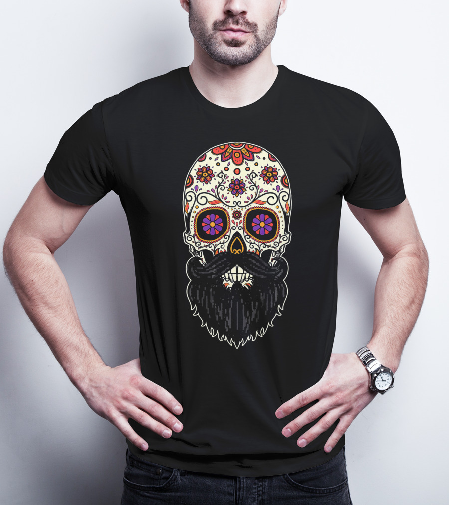 Beard Sugar Skull Floral Pattern Día De Los Muertos T-Shirt