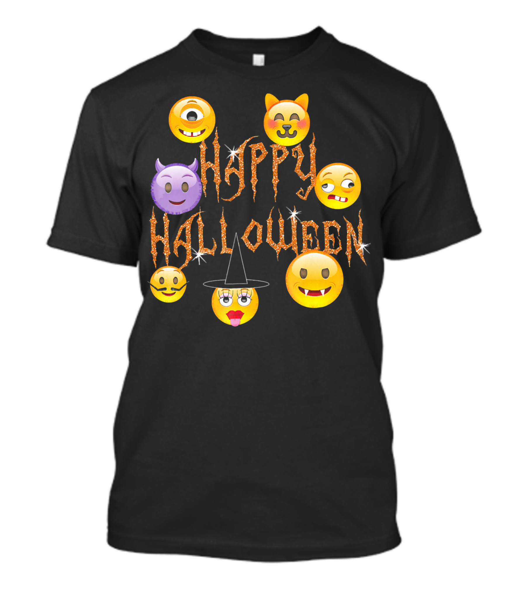 Happy Halloween Emoji Faces Devil Cat Vampire Witch Pumpkin Monster Cyclops T-Shirt