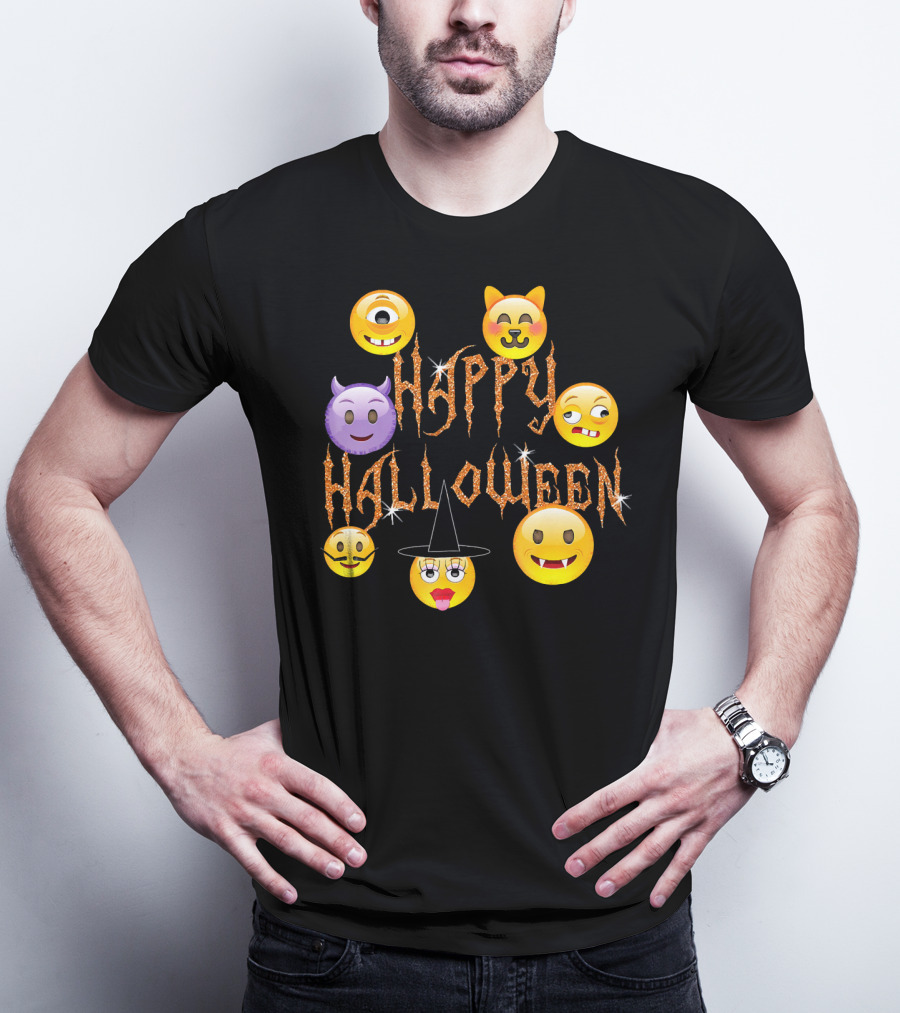 Happy Halloween Emoji Faces Devil Cat Vampire Witch Pumpkin Monster Cyclops T-Shirt
