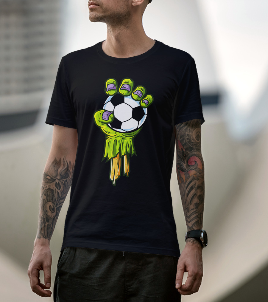 Zombie Hands Grabbing Soccer Ball Funny Horror Scary T-Shirt