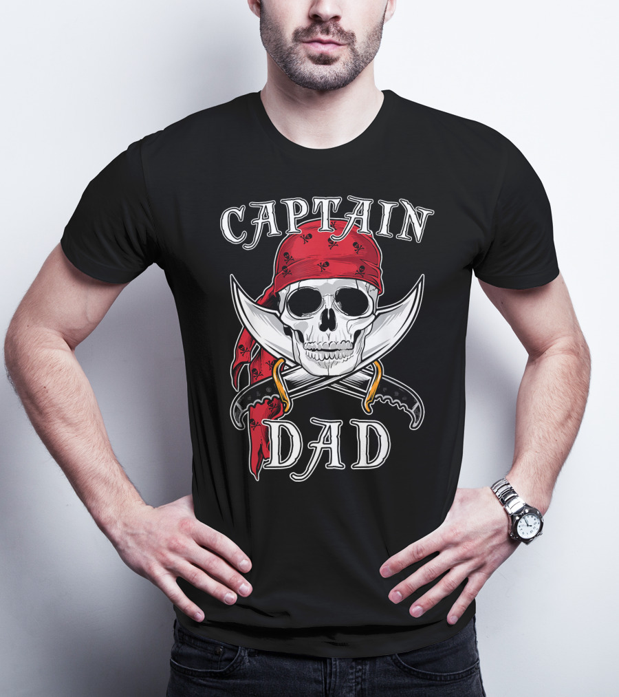 Captain Dad Funny Halloween Pirate Skull Bandana Swords T-Shirt