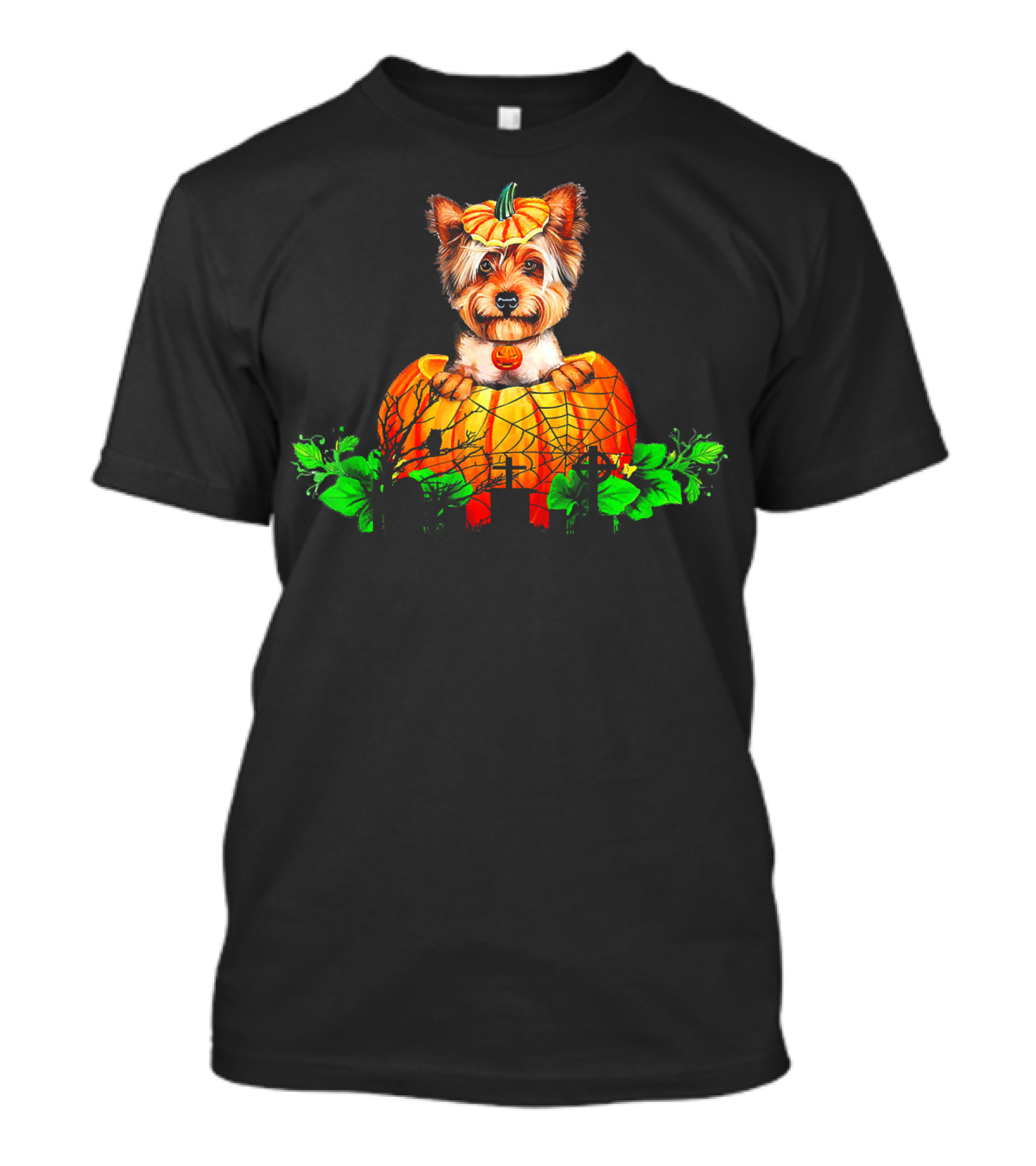 Yorkie Puppy With Pumpkin And Green Leaves Halloween T-Shirt