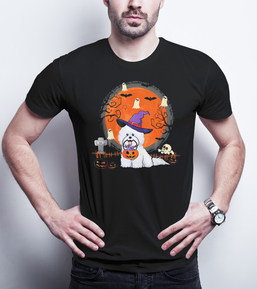 Bichon Frise Dog Witch Halloween Ghosts Jack-o'-Lantern T-Shirt