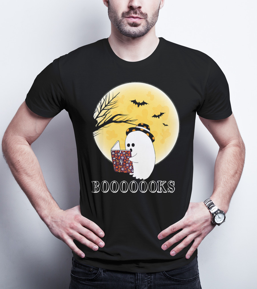 Booooooks Boo Ghost Reading Under The Full Moon Halloween T-Shirt