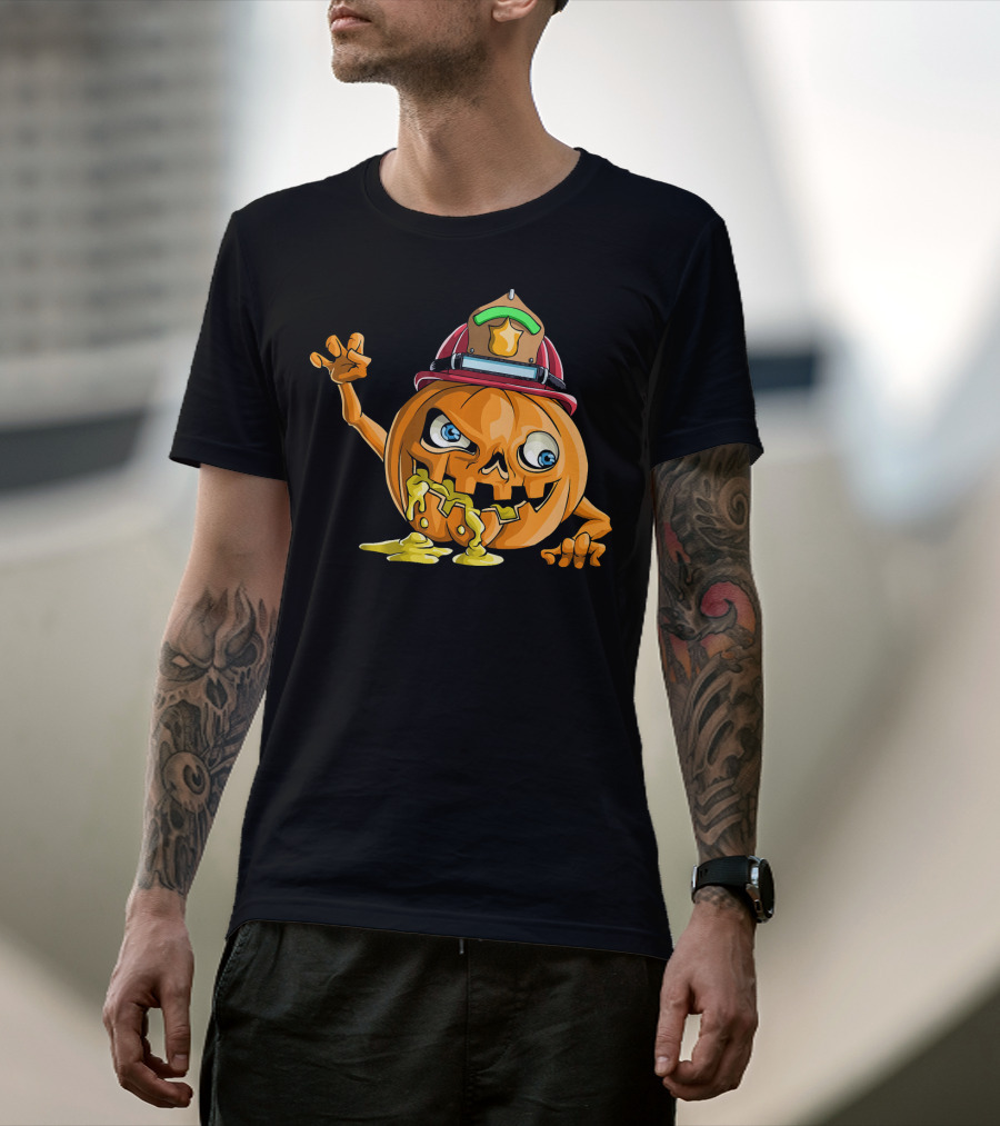 Zombie Pumpkin Firefighter Halloween Jack-O'-Lantern With Fireman's Helmet T-Shirt