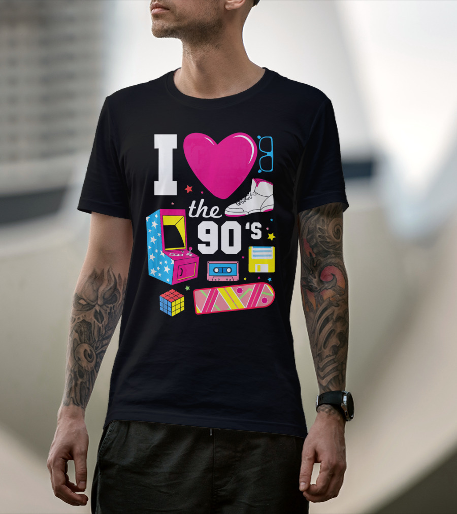 I Love The 90s Retro Arcade Cassette Sneaker Skateboard Rubik's Cube Floppy Disk T-Shirt