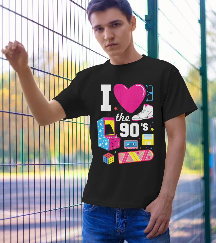 I Love The 90s Retro Arcade Cassette Sneaker Skateboard Rubik's Cube Floppy Disk T-Shirt